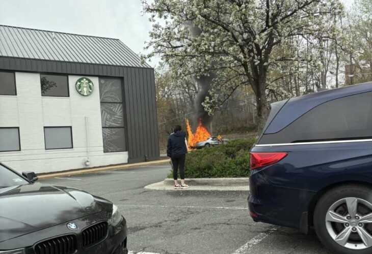 NOW: Vehicle catches fire after crashing outside McLean Starbucks, road ...